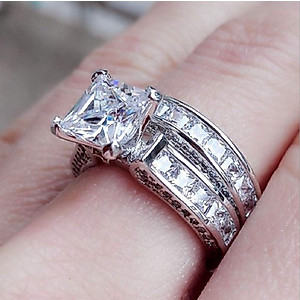 Zhiwen Lovely Ring -2-in-1 Womens Vintage Princess Cut Topaz Cz 10KT White Gold Filled White Diamond Silver Engagement Wedding Band Ring Set Size6-10 (US code 8)
