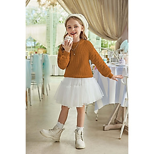 Arshiner Kids Girls Slouchy Chunky Sweater Drop Shoulder Puff Long Sleeve Pullovers Ribbed Loose Outwear Brown 11-12 Years