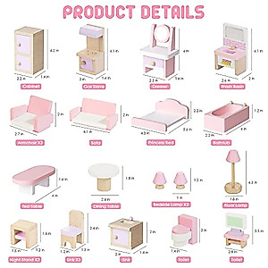 Wooden Dollhouse Furniture Set, 22 Pcs Miniature Dollhouse Accessories Including 5 Room Kits, Little People House Furniture, Doll House Furniture Toys Gift for Girls Boys Age 3+
