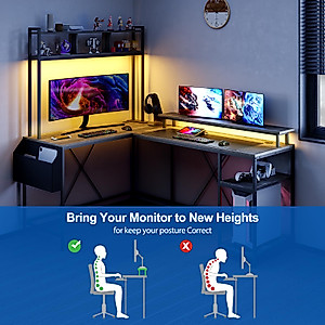 ElectraSpeedy L Shaped Gaming Desk, Reversible Corner Desk with Hutch, Power Outlets, LED Strip, Monitor Stand, Storage Shelves, and Side Storage Bag for Home Office (Grey)