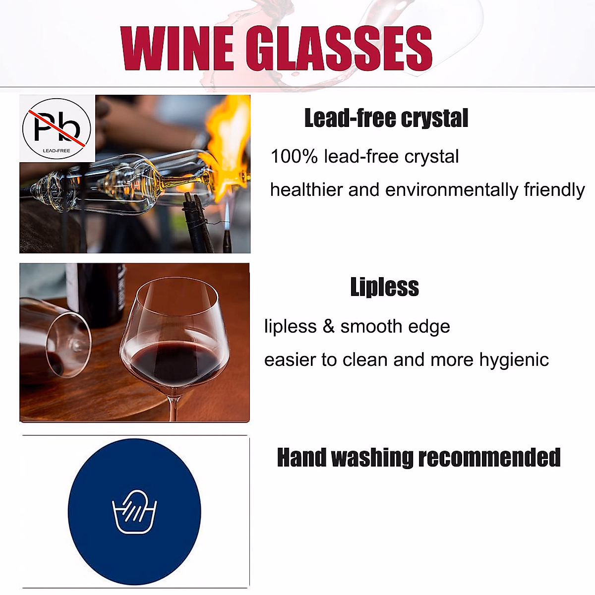 KOSIUN, Wine Glasses, Hand Blown,Large Bowl, Lead-Free Crystal, Long Stem, 23-Ounces, Burgundy, Set of 4