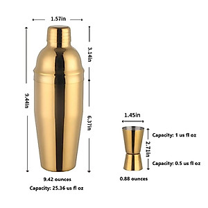 25oz Stainless Steel Cocktail Shaker Color Me Martini Shaker with Built-in Strainer and Double Measuring Jigger Drink Shaker Bar Tools Bartender Kit for Home Bar or Commercial Use(2 Piece)(Gold)
