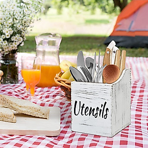 Kitchen Utensil Holder Organizer for Kitchen Countertop, White Cooking Utensil Holder for Countertop, Utensil Crock Holder for Kitchen,Large Utensil Flatware Organizer,Wooden Kitchen Utensil Organizer