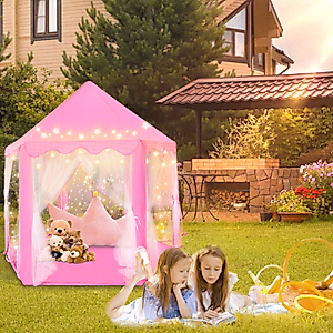 Kid's Play Tent, Ceither Princess Castle Girls Playhouse with Star Lights, 55" x 53" (L x H) Pink Princess Tent Indoor Outdoor for Imagination Interactive Play