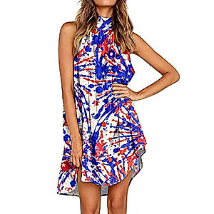 Cnebo Women Independence Day Print Summer Dresses for Neck Sundress Flowy Sleeveless Knee Office Dresses for Women for Work White