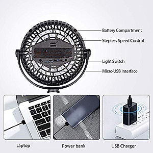 AJOYEUX Battery Operated Clip on Fan, Portable Rechargeable USB Personal Fan 3 In 1 with hook and LED for camping, stroller, car seat, office