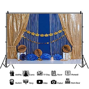 Yeele 12x8ft Blue Backdrop Wedding Birthday Party Decorations Gold Curtain Crown Flowers Photograph Background Anniversary Ceremony Decor Photo Banner Vinyl Backdrop Photo Booth Props