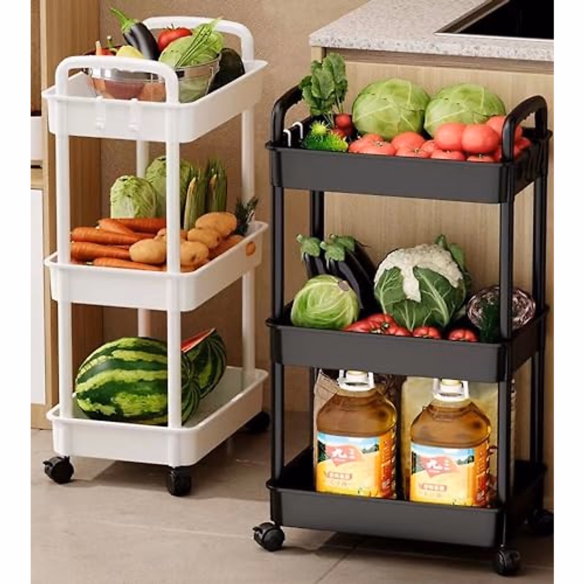 3-Tier Plastic Rolling Utility Cart Storage Cart Organizer with Wheels Small Laundry Room Cart for Dorm Organization Bathroom Kitchen Office (White)