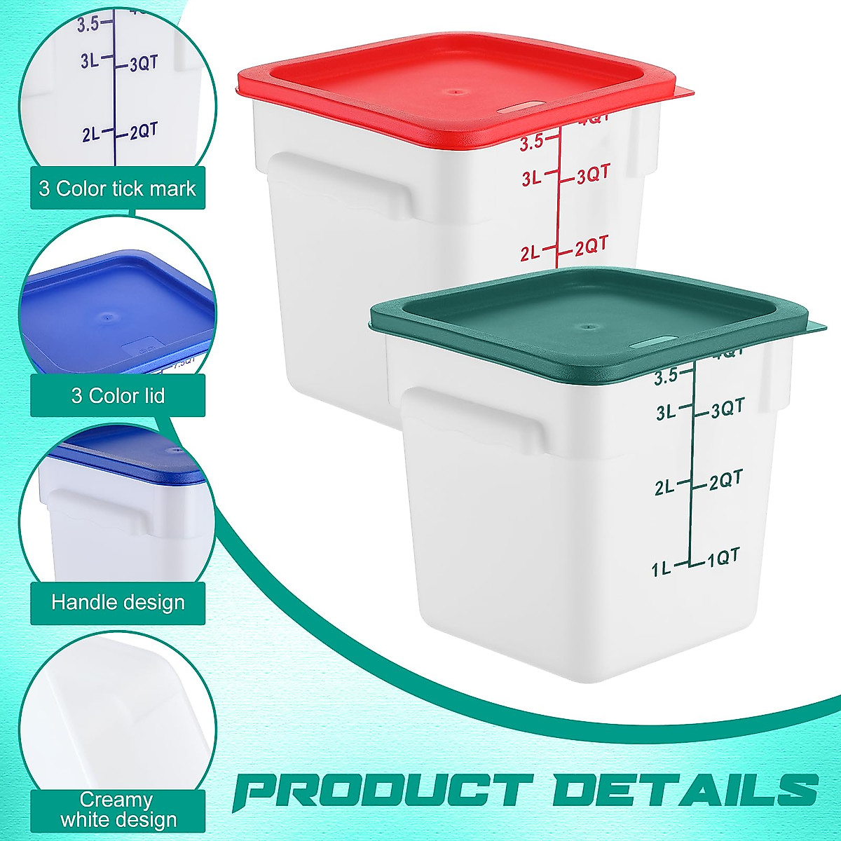 Ziliny 6 Pieces 4 Quart Commercial Food Storage Containers with Lid Translucent Container with 3 Color Lids for Freezer Flour Sugar Baking Bread Restaurant, Square