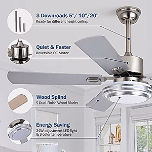 Chriari 52 Inch Ceiling Fans with Lights Remote Control, Wood Low Profile Ceiling Fan with 5 Silver Blades Quiet Reversible DC Motor, Modern Ceiling Fan with 6 Speeds, Dimmable LED Light, Smart Timing