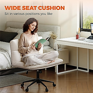 FitStand Criss Cross Chair with Wheels, Cross Legged Office Chair, Armless Wide Vanity Chair with Back, Desk Chair Comfy Wide Seat, Leather Swivel Accent Chair for Home Office HC1 (White)