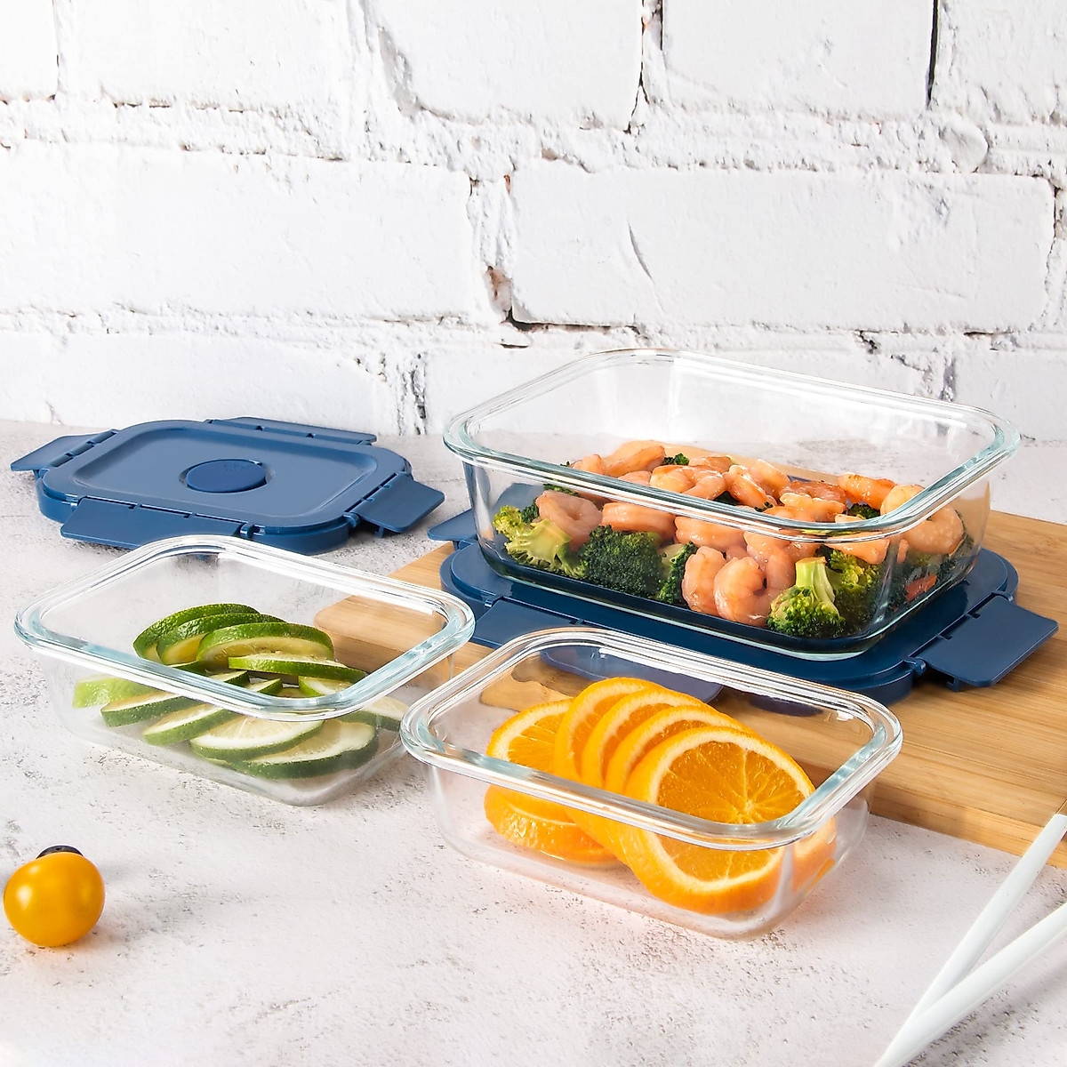 HAKEEMI Glass Food Storage Containers 10 Pack, Glass Meal Prep Containers with Snap Locking Lids Airtight Built in Air Vents, Glass Lunch Containers, Microwave/Dishwasher Safe, Navy Blue