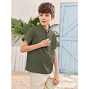 Inorin Boys Button Up Henley Shirt Short Sleeve Lightweight Summer Linen Cotton Dress Shirts Tees Tops with One Pocket Army Green