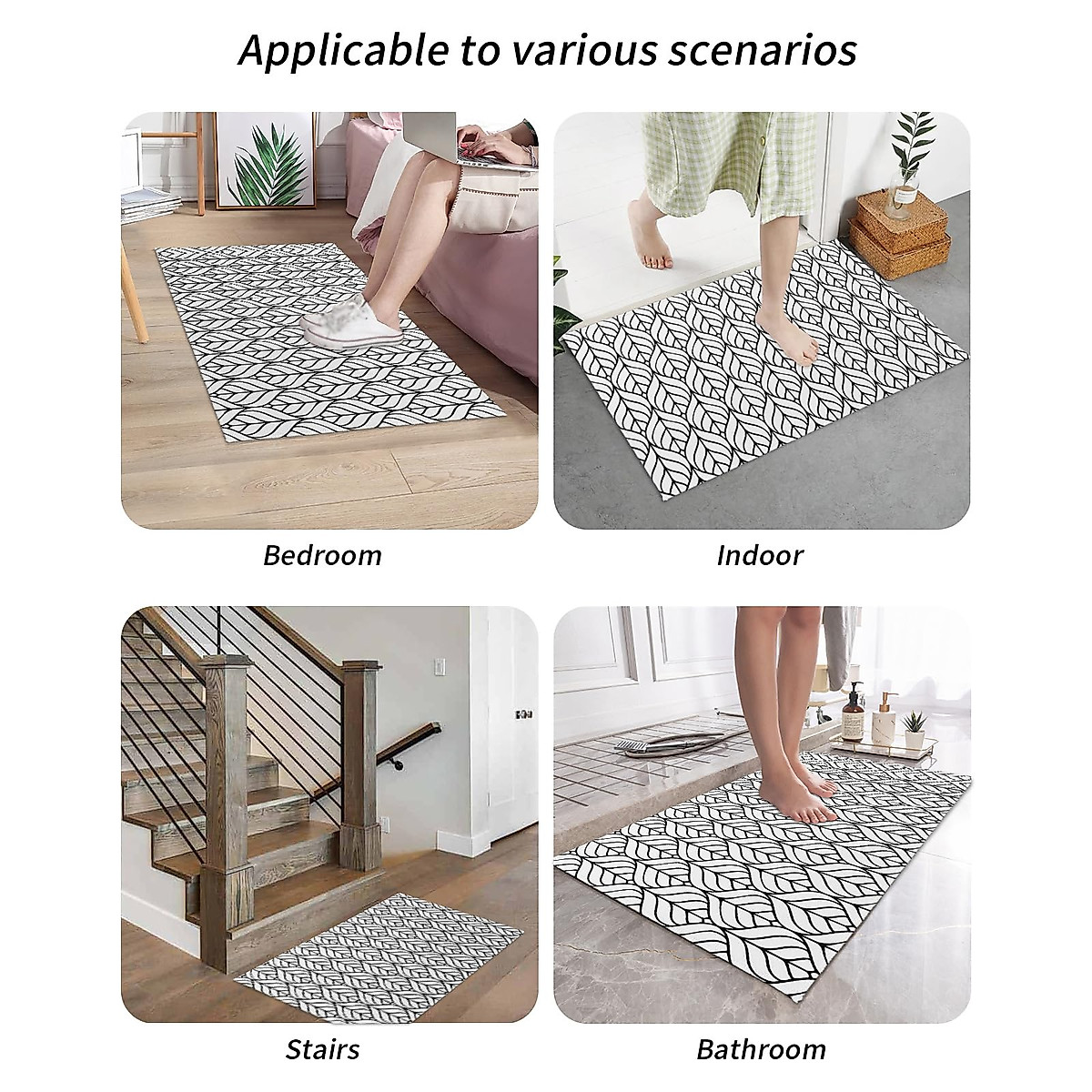 Indoor Outdoor Mats, Black and White Leaf Tile Pattern Door Mat, Non-Slip Absorbent Resist Dirt Entrance Mat Washable Welcome Mats for Entryway, Low-Profile Floor Mats