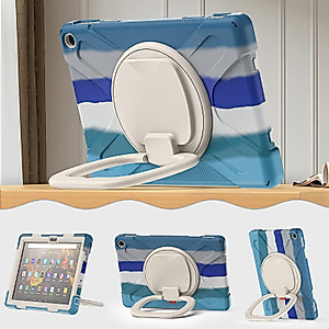 360 ° Rotation Portable Case for Fire HD 10 & HD 10 Plus Tablet（11th Generation, 2021 Release Rugged Case Rotating Stand Hand Strap Shoulder Carrying Strap Outdoor Cover (Colourful Blue)