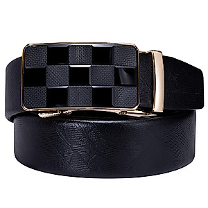 Dubulle Designer Men Leather Belt Fashion Black Plaid Sliding Adjustable Automaitc Rachet Buckle for Dress Casual