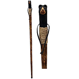 Rustic Axentz Wood Walking Trekking Hiking Pole Stick with Twine Grip, Rubber Tip, Wrist Strap, 46", Carved Bear