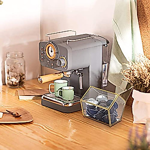 ELLDOO Gold Glass Pentaprism Coffee Pods Holder with Lid for Nespresso Vertuoline Capsule, Tea Bags Sugar Packets Sweeteners Candy Snack Storage for Counter, Coffee Bar, Kitchen, Breakroom