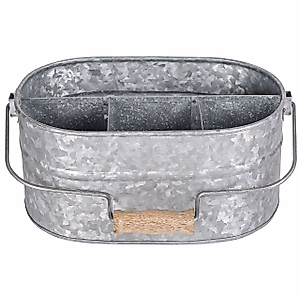 Farmhouse Utensil Caddy Carry-All and Silverware Holder, Galvanized Metal Organizer with Sturdy Dividers,for Flatware, Condiments, Party Cutlery, Arts and Crafts Supplies 12x 8x5 Inch-Antique Natural