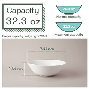DOWAN Salad Bowls, 32 Oz Ceramic Pasta Bowls, 7 Inches Wide and Shallow Large Soup Bowls, White Bowls for Kitchen, Noodle Pho Ramen Salad Bowl Set, Set of 4
