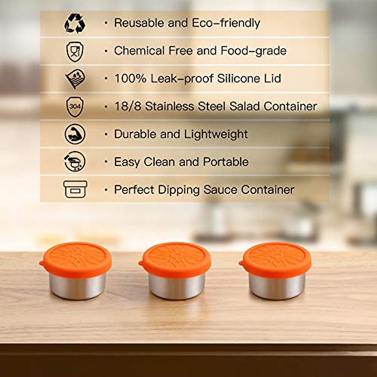 SUKKI Stainless Steel Condiment Containers - 3 x 3.4oz Salad Dressing Containers with Food Grade and Leakproof Silicone Lids - for Snacks, Desserts, Souffle, Baby Food