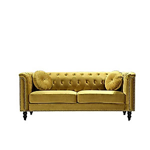 US Pride Furniture Modern Style High Density Foam 75.98'' Wide Golden Velvet Rolled Arm Chesterfield Living Room Removable Cushion & Solid Wood Legs (S5608-5613) Sofas, Strong Yellow