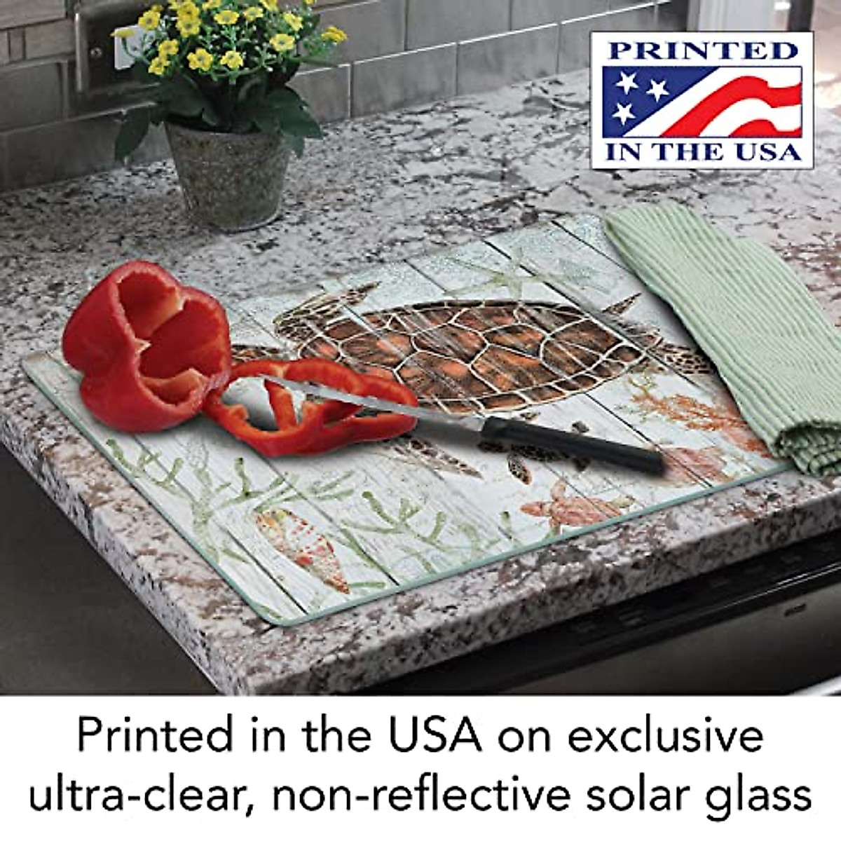 CounterArt Shoreline Shells Sea Turtle 3mm Heat Tolerant Tempered Glass Cutting Board 15” x 12” Manufactured in the USA Dishwasher Safe