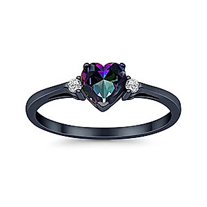 Blue Apple Co. Rainbow CZ Black Tone Size-6 Minimalist 7mm Promise Ring Trellis Three Stone Heart Shaped CZ Wedding Engagement Rings For Women 925 Sterling Silver Gifts For Her