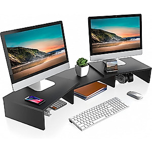 FITUEYES Dual Monitor Stand – 3 Shelf Computer Monitor Riser, Wood Desktop Stand with Adjustable Length and Angle, Desk Accessories, Office Supplies Medium Black,DT108001WB