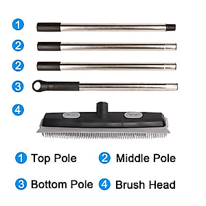 Pet Hair Rubber Broom with Carpet Rake and Squeegee, 2 in 1 Floor Brush for Carpet, 58 inch Adjustable Handle,Silicone Broom Black