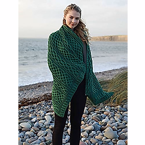 Carraig Donn Irish Cable Knit Blanket Celtic Aran Throw - 100% Merino Wool Made in Ireland - 40"x 55" (102 x 140 cm)(Kiwi/Connemara Green)