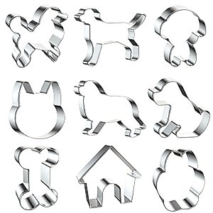 9 PCS Dog Cookie Cutters Set, Assorted Dog Shape Metal Cookie Cutters, Bone, Dog Paw, Corgi, Labrador, Rottweiler, Sheepdog Shape Cookie Cutters Molds for Baking Dog Party Supplies, Silver, standard
