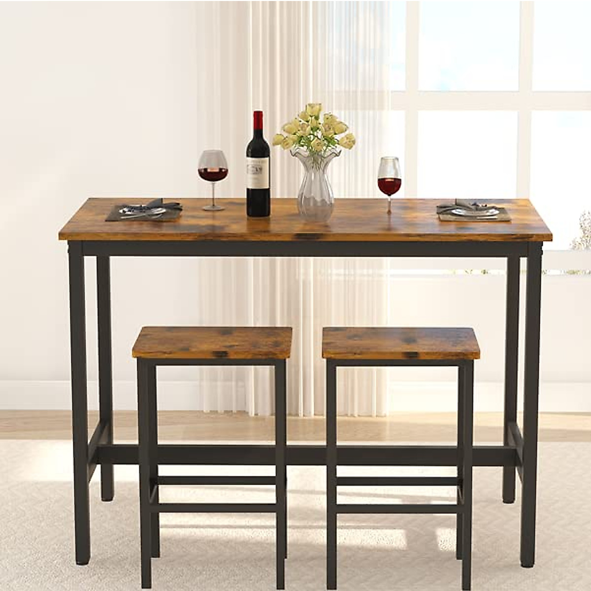 Lamerge 47.2" Bar Table Set,Pub Heigh Table with 2 Square Stools,Dining Table Set,Kitchen Counter with Bar Chairs,for Kitchen, Living Room/Sofaside,Small Space,Rustic Brown and Black