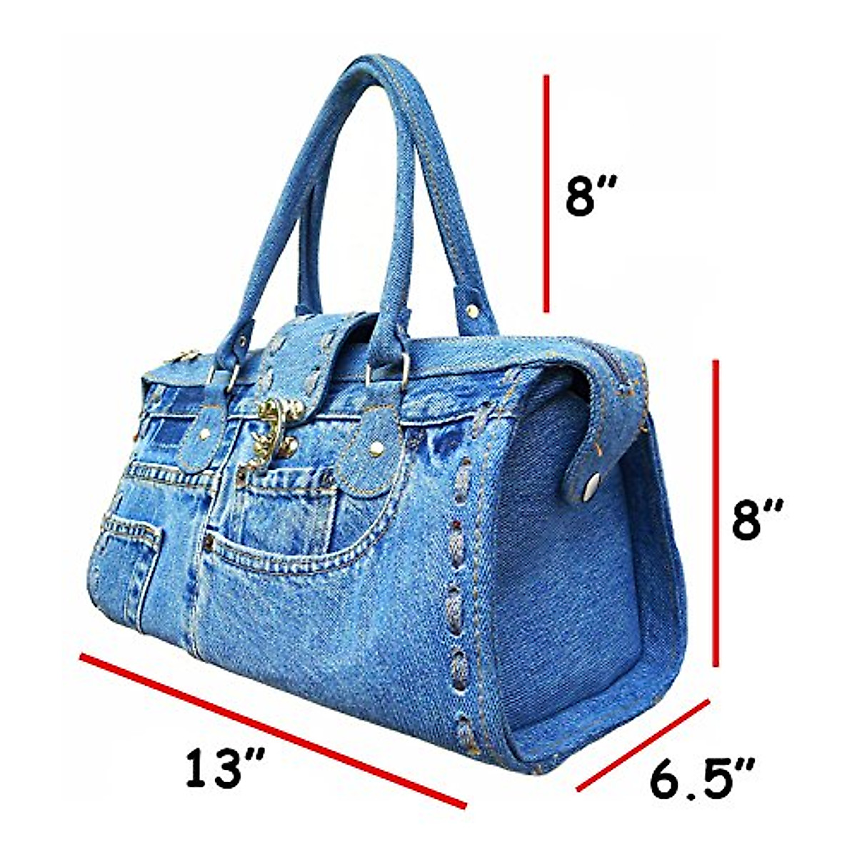 Upcycling Blue Denim Jean Large Capacity Doctor Style with Hand Stitching Edge Top Handle Satchel Structured Handbag for Women