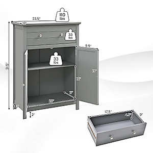 COSTWAY Bathroom Floor Cabinet, Wooden Side Storage Organizer w/Larger Drawer, Adjustable Shelf & 2-Door Cupboard, Freestanding Storage Cabinet for Living Room, Kitchen, Entryway (Grey)