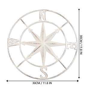 YIYA 11.8" Distressed Metal Compass Decoration Metal Decorative Compass for Nautical Decoration Bedroom Living Room Garden Office Wall Hanging Beach Theme Home Decoration (White)