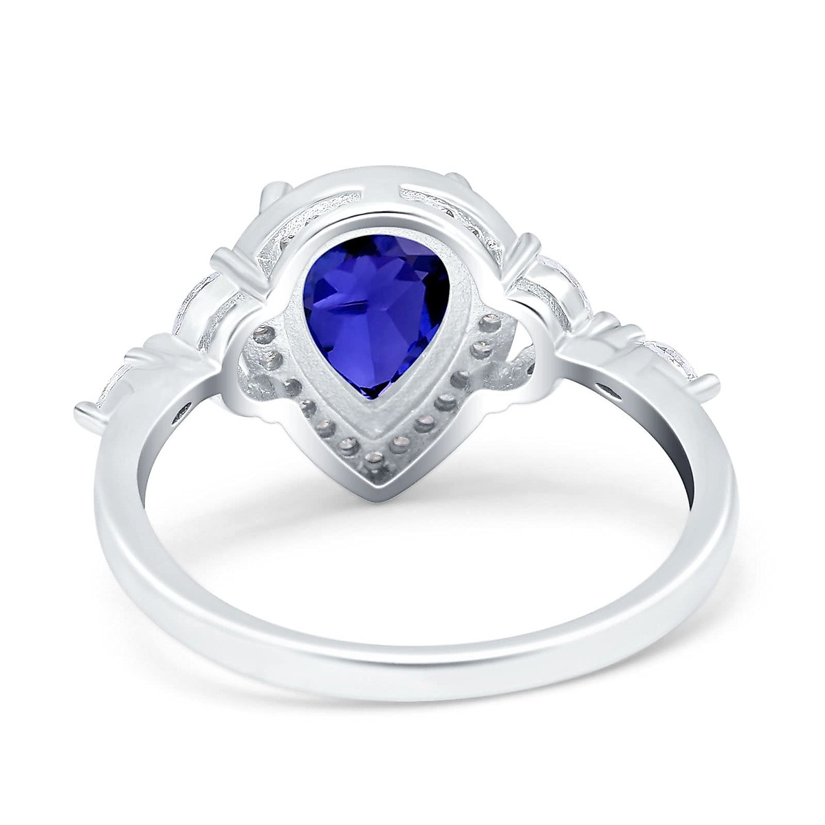 Simulated Blue Sapphire CZ Size-8 Teardrop Pear Art Deco Engagement Wedding Bridal Halo Ring Round Marquise Simulated CZ 925 Sterling Silver