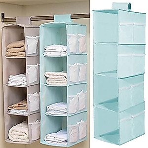 Leefasy Hanging Closet Organizer Wardrobe Storage Shelves for Sweaters Hat Clothes with Side Storage Bag Easily Attach to Closet Rods , Blue