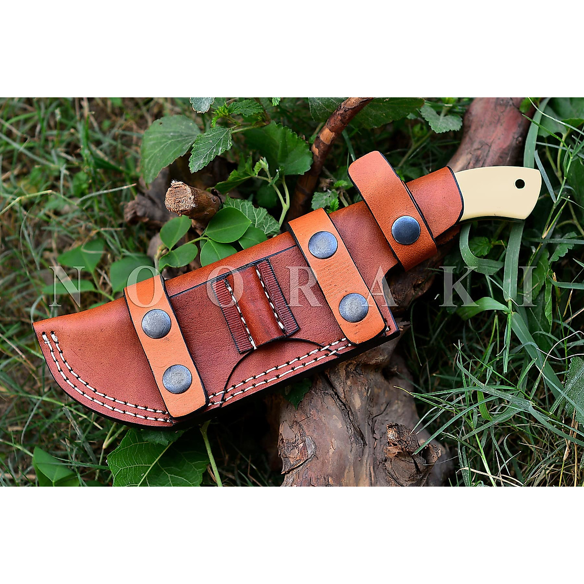 Nooraki - 11-inch | Fire Pattern Custom Handmade Damascus Tracker Knife with Camel Bone Handle Hunting knife, Camping knife, Bushcraft Knife, Survival Knife, Full Tang With Sheath #333