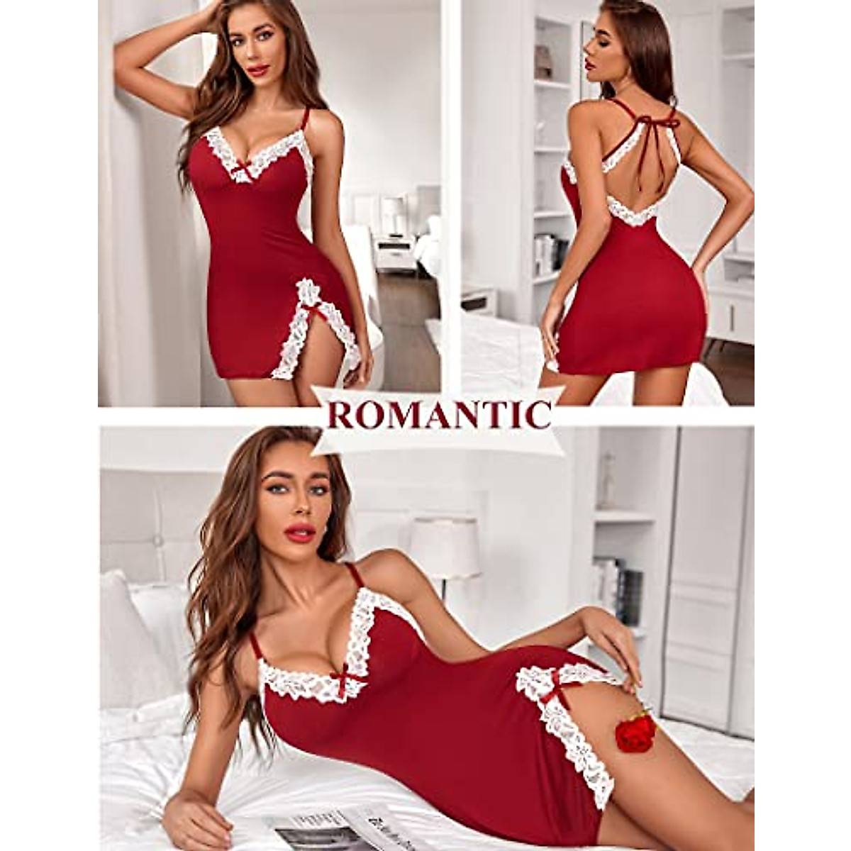 Avidlove Lingerie Women's Exotic Nightgowns Sexy Lace Lingerie for Women Shirt Dress for Women Sexy (Wine Red,S)