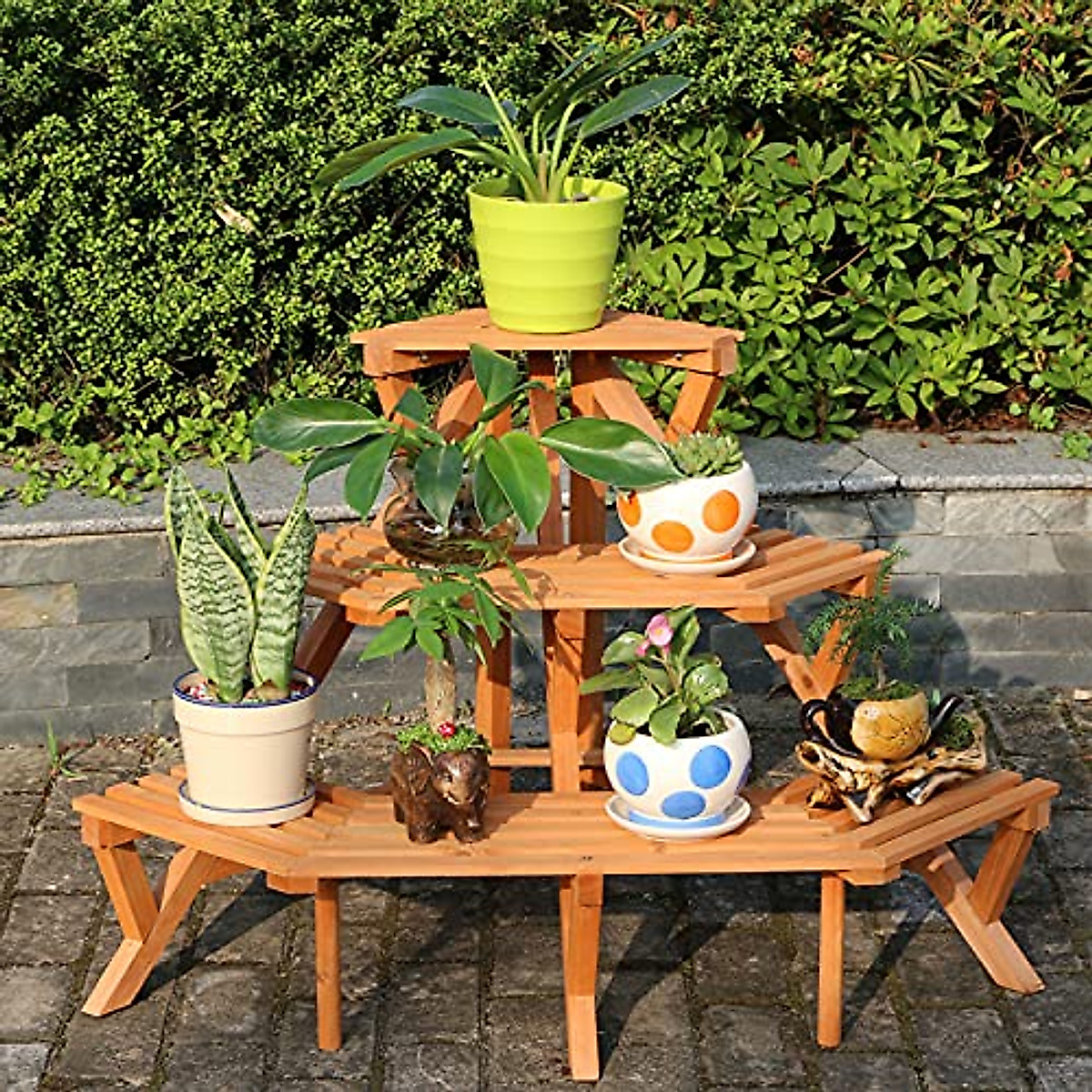 3 Tier Ladder Plant Stand Outdoor, Wood Multi Tiered Quarter Round Flower Pots Holder for Succulents andMultiple Plants, 37.8×26.38×24, Wooden Display Storage Shelf for Indoor Home Garden Patio