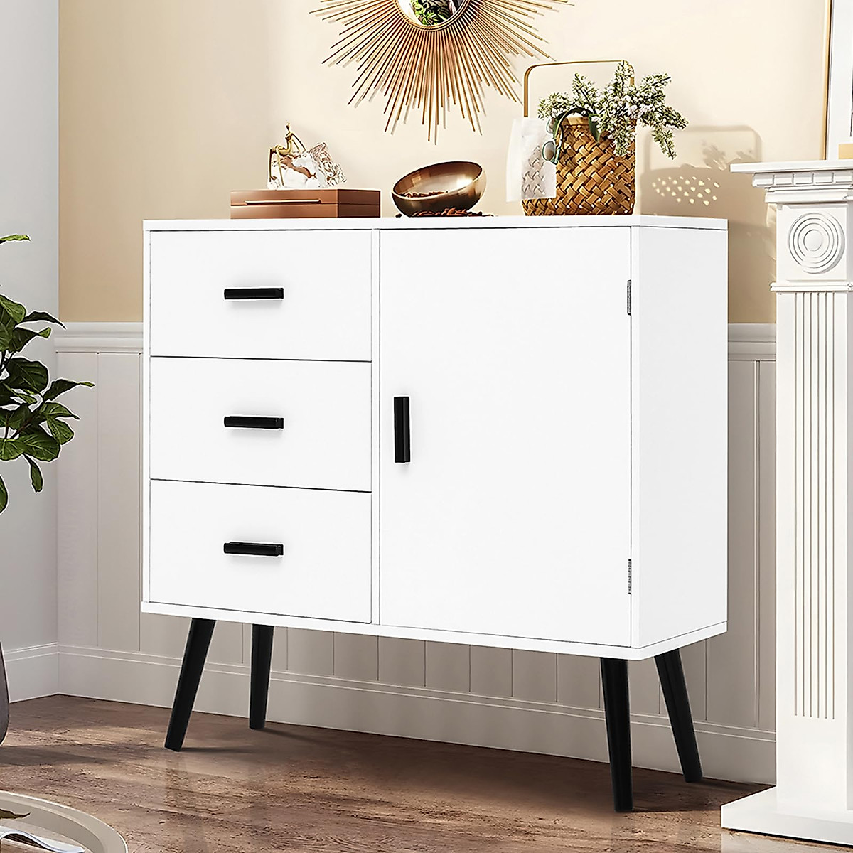 Storage Cabinet with 3 Drawers, Accent Cabinet with Adjustable Shelf, Entryway Cabinet for Living Room, Entryway, White