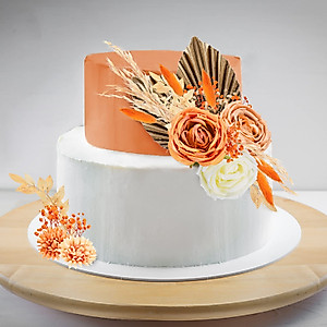 28 Pcs Boho Cake Topper Decorations Vintage Artificial Rose Flowers Leaves for Cake Decorating Kit Dried Faux Flower Decor for Bohemian Wedding Bridal Baby Shower Birthday Party Supplies (Orange)