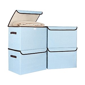 Univivi Fabric Foldable Storage Boxes Large Collapsible Stackable Storage Bins with Lids, Closet Organizers and Storage Cube Basket for Home, Office, Bedroom (17''-4 Pack-BLUE)