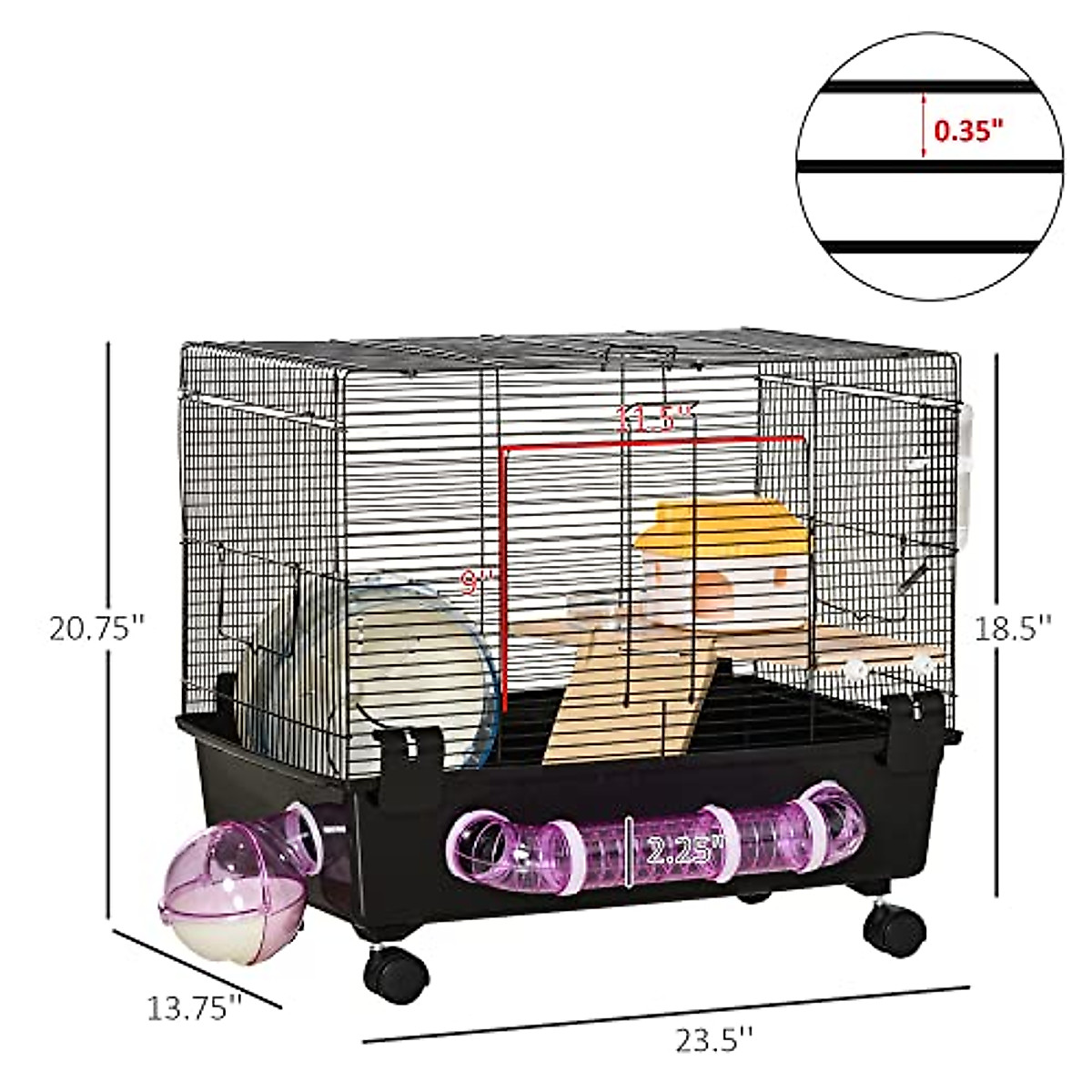PawHut 2-Tier Hamster Cage, Small Animal Habitat for Rats, Gerbils, Mesh Wire Ventilated Enclosure with Exercise Wheel, Water Bottle, and Food Dishes