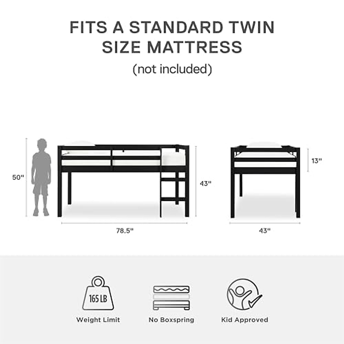 DHP Milton Twin Loft Bed with Safety Guard Rail, Black, Space Saving Junior Size, Pine Wood