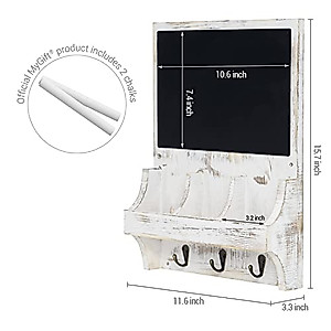 MyGift Whitewashed Wood Entryway Wall Organizer, Family Command Center Mail and Key Holder Rack with 3 Hooks, 3 Mail Slots and Chalkboard