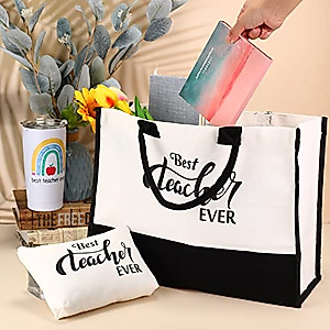 Sieral 3 Pcs Teacher Gifts for Women Best Teacher Ever Teacher Tote Bag Stainless Steel Tumble 20oz Canvas Makeup Bags Zippered Pouch Teacher Teacher Appreciation Gifts for Teachers Women