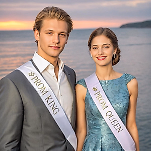 Prom Night Set White with Gold Font Prom King and Queen Sashes for Women Men and Teens, Perfect Accessories for Homecoming Graduation Prom Party, 2PCS