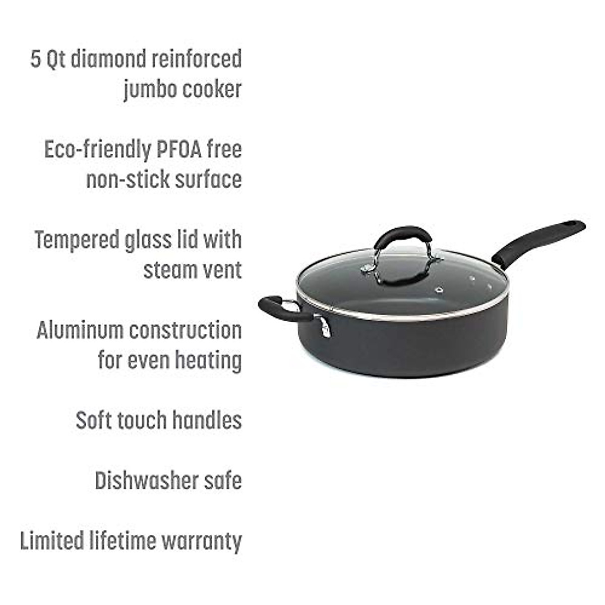 Goodful Aluminum Non-Stick Sauté Pan Jumbo Cooker with Helper Handle and Tempered Glass Steam Vented Lid, Made Without PFOA, Dishwasher Safe, 5-Quart, Charcoal Gray